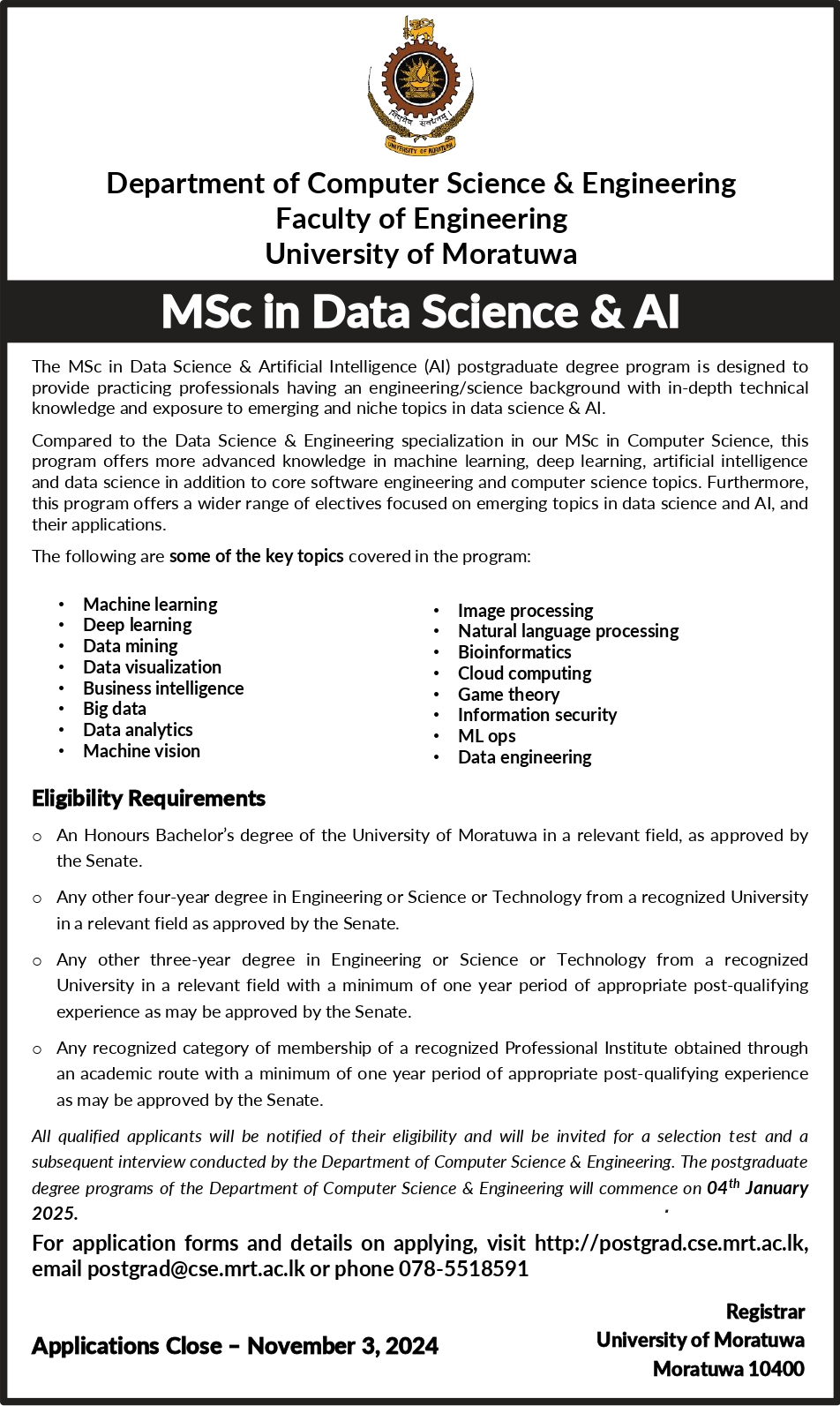 MSc in Data Science & AI | University of Moratuwa